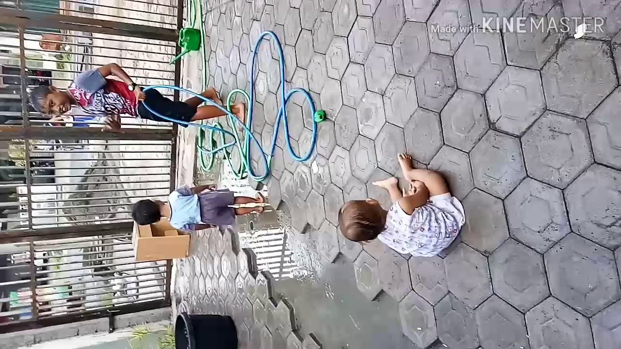 Funny baby climbing scaffolding and playing water - YouTube