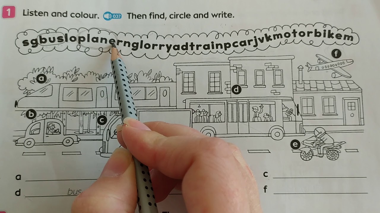 Activity Book, page 17. Activity n°1. "Listen and colour. Then find ...