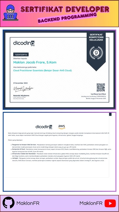 Backend Developer Portofolio Sertifikat Industri. #coding #dicoding #aws #javascript #backend ...