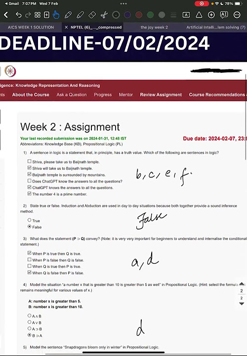 NPTEL ARTIFICIAL INTELLIGENCE KNOWLEDGE REPRESENTATION AND REASONING ASSIGNMENT SOLUTION WEEK 2 ...