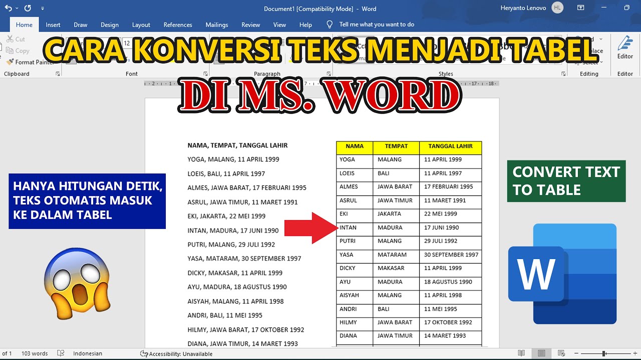 CARA MUDAH & CEPAT MENGUBAH TEKS MENJADI TABEL DI MS WORD - YouTube