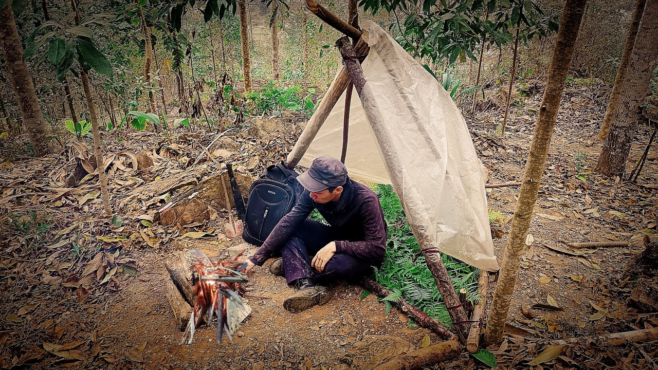 2 DAYS solo Bushcraft & Camping - Building a Shelter Camp - YouTube