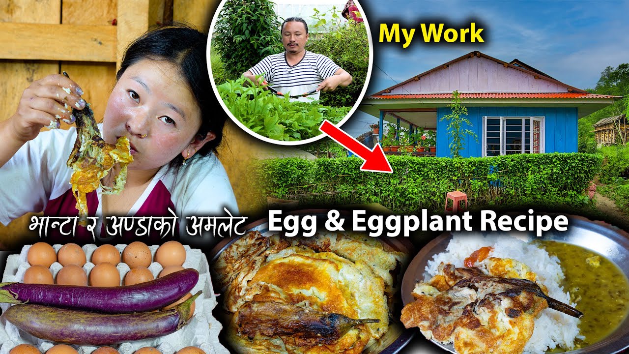 Egg & Eggplant (Baigun) mix Omelette Recipes with Rice in village ...