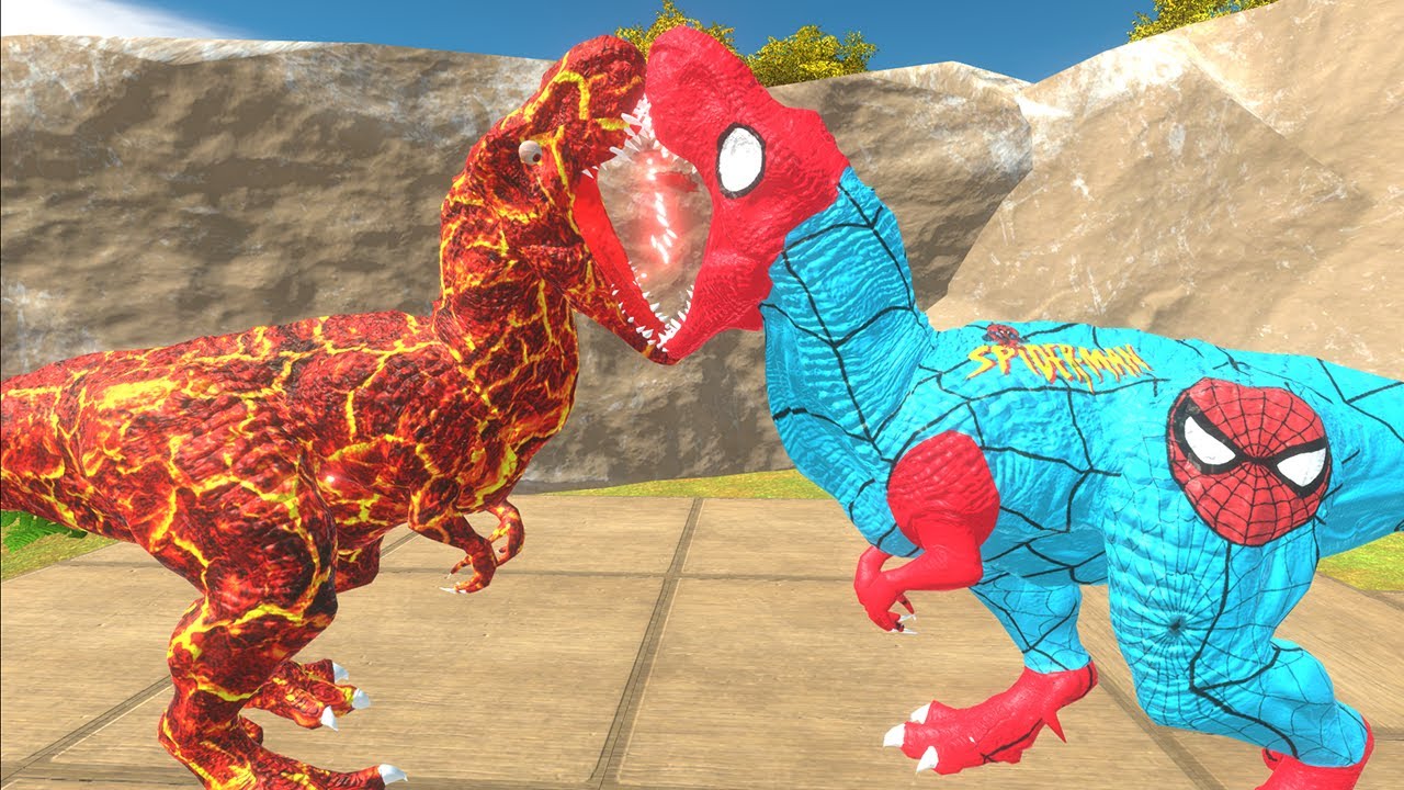 LAVA T-REX VS SPIDERMAN BLUE T-REX OASIS DEATH CLIMB Animal Revolt ...