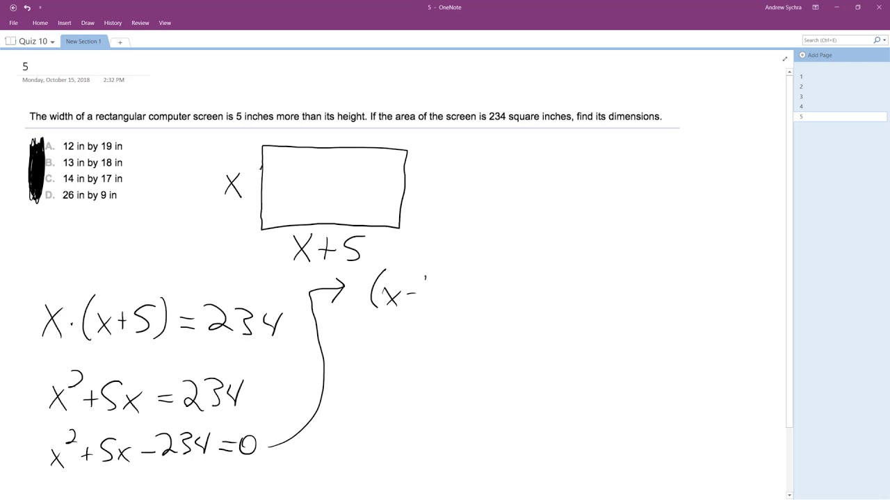 The width of a rectangular computer screen is 5 inches more than its ...