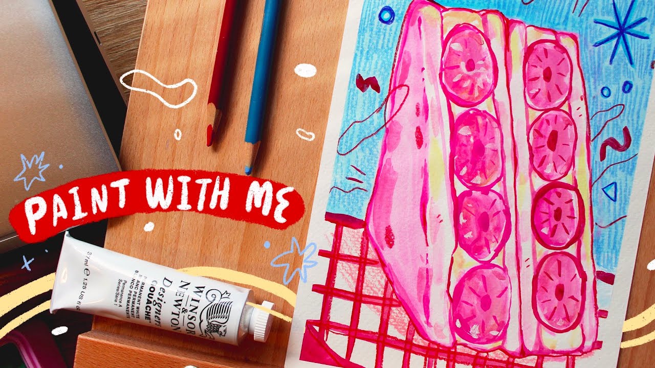 Gouache food illustration 🍓 paint with me ( from sketch to final piece ...
