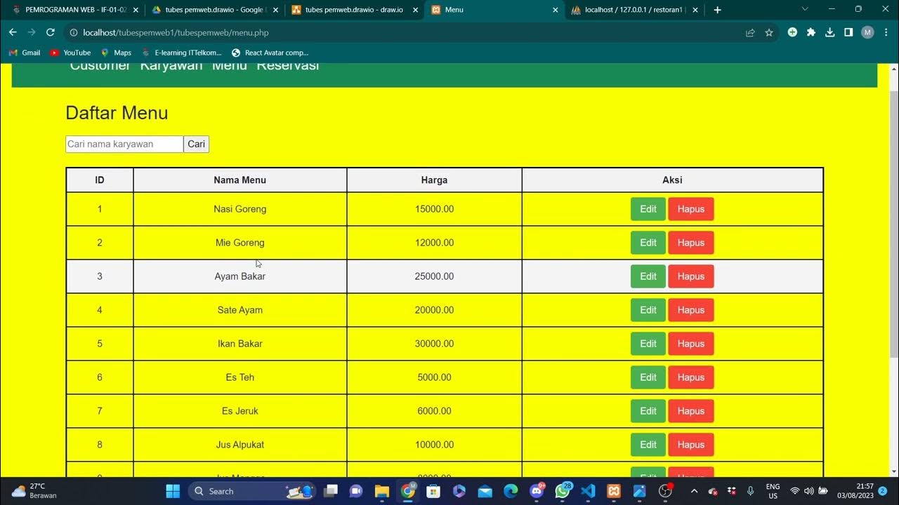 Tugas besar Pemrograman Web Pengelolaan Restoran (CRUD) - YouTube