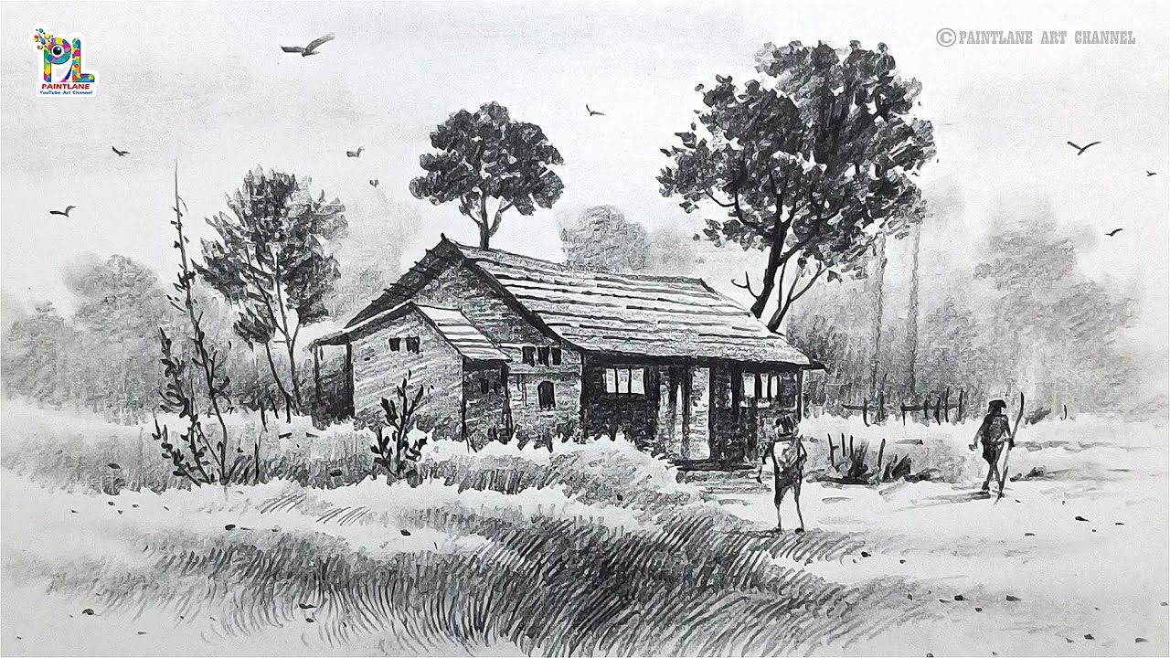 Pencil Sketch Of Village Scenery