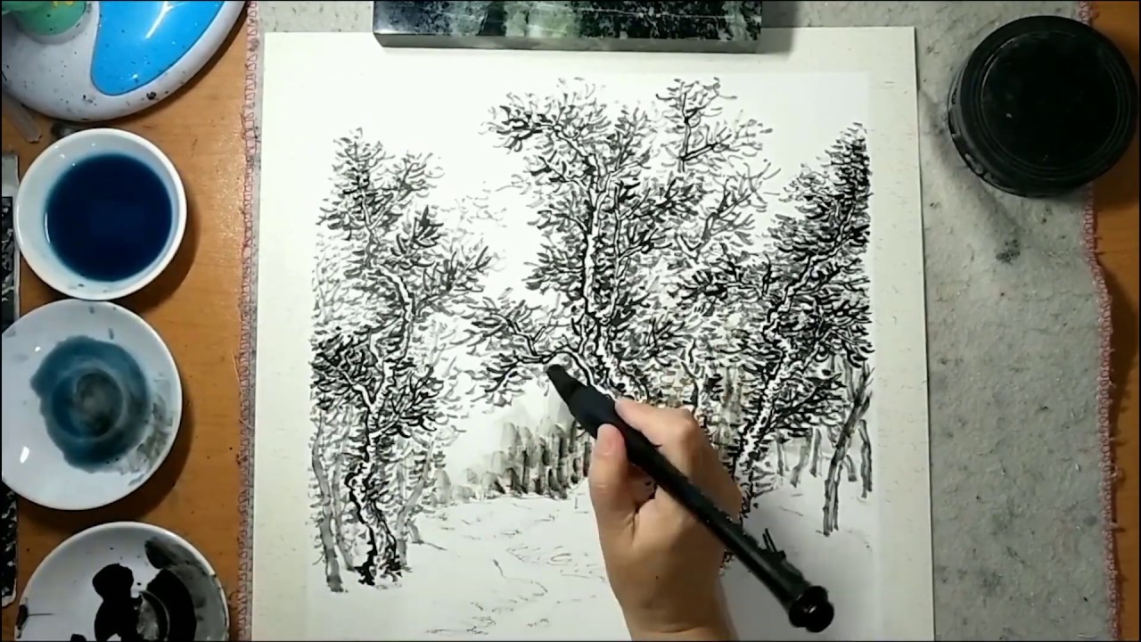 How to Paint Trees using Chinese Brushes - YouTube