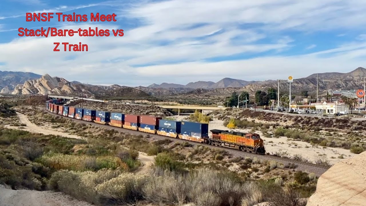 Slow, fast, slow! BNSF empty stack/bare-tables train stops. Z train passes! New location! 4K HDR ...