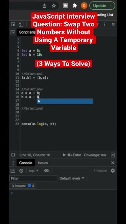JavaScript Interview Question: Swap Two Numbers Without A Temp Variable (3 Solutions) # ...