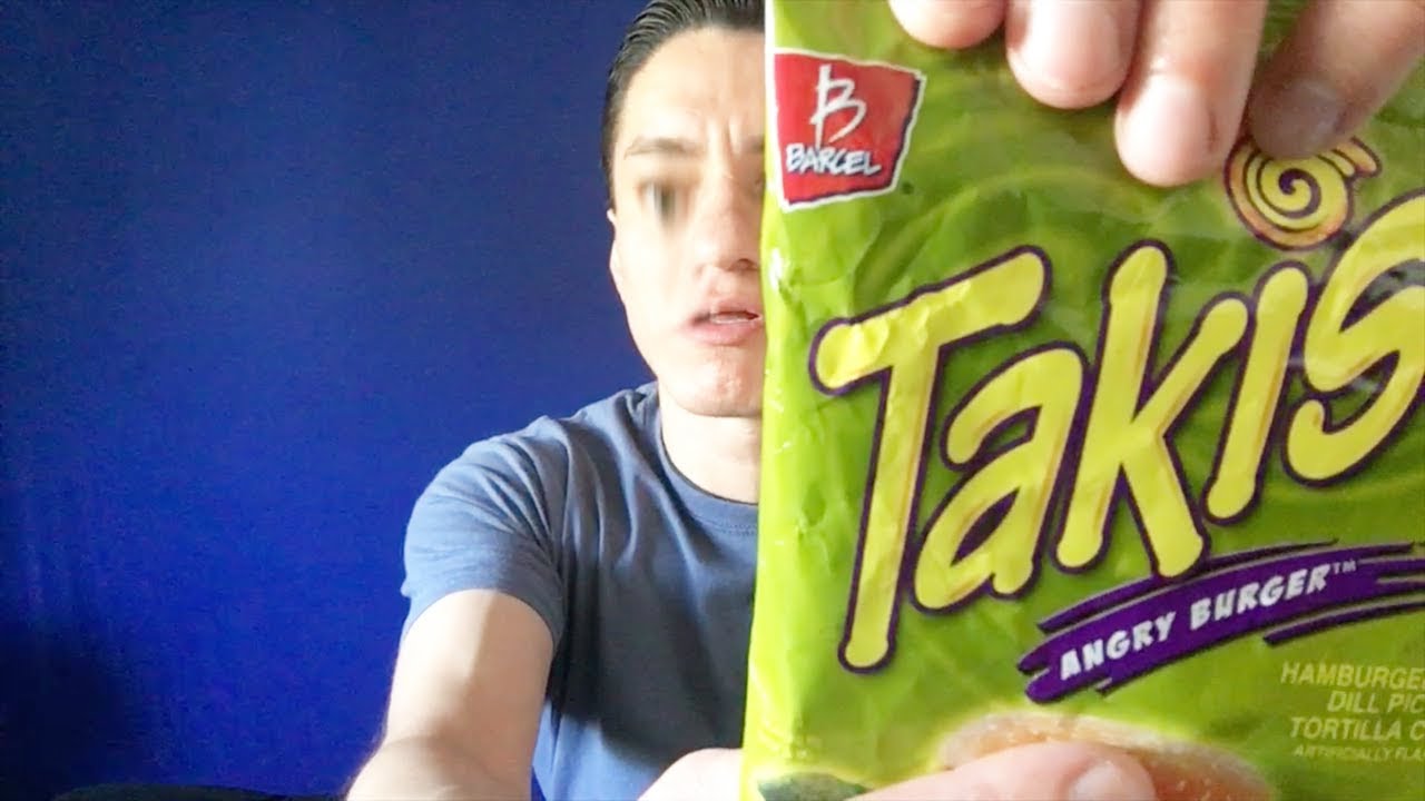 TRYING TAKIS' (ANGRY BURGER FLAVOR) - YouTube
