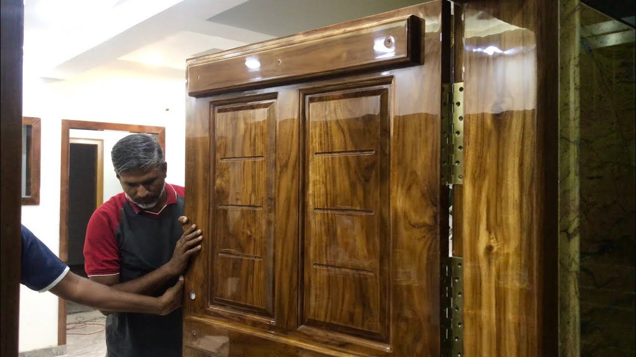Royal High glossy teak wood main door installation, main door design ...