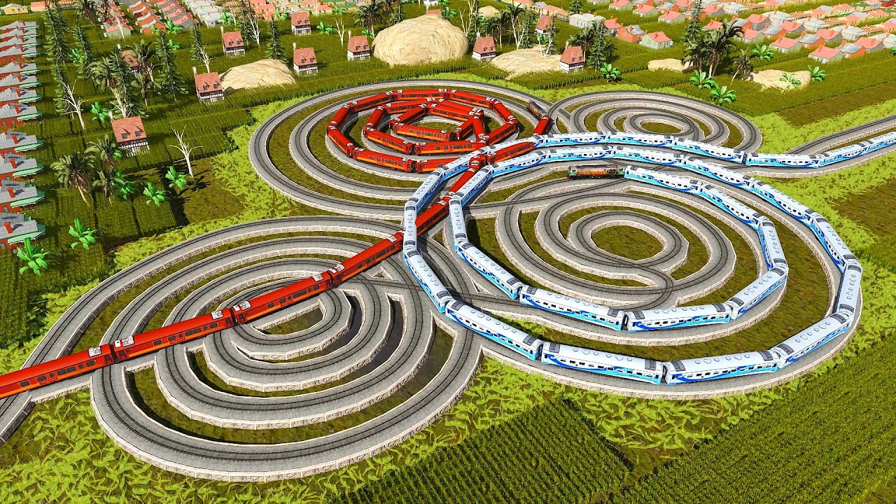 Dua Kereta Api Merah & Biru Melintasi Rel Berbahaya Membentuk 4 Spiral⚠️🚦Trainz Simulator 2022 ...