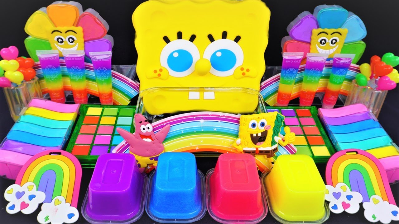 Spongebob Rainbow Slime Mixing Random Cute, shiny things into slime # ...
