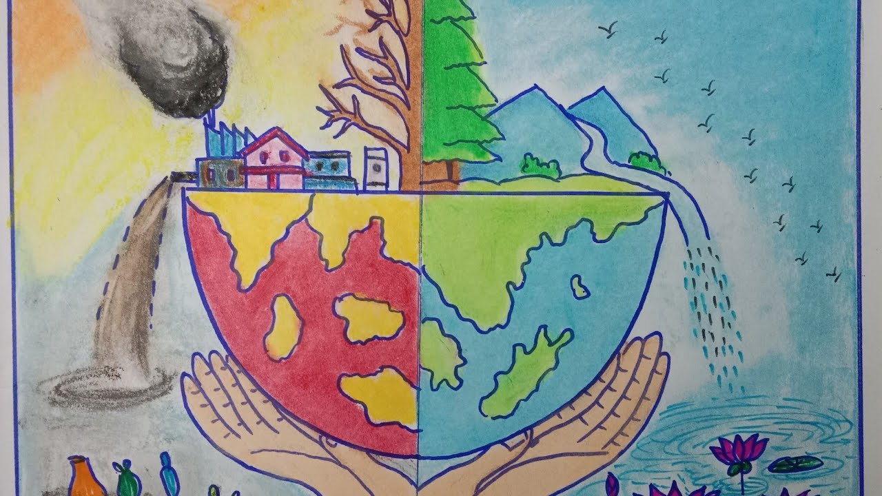 Nature drawing || Environment drawing || Global warming effects - YouTube