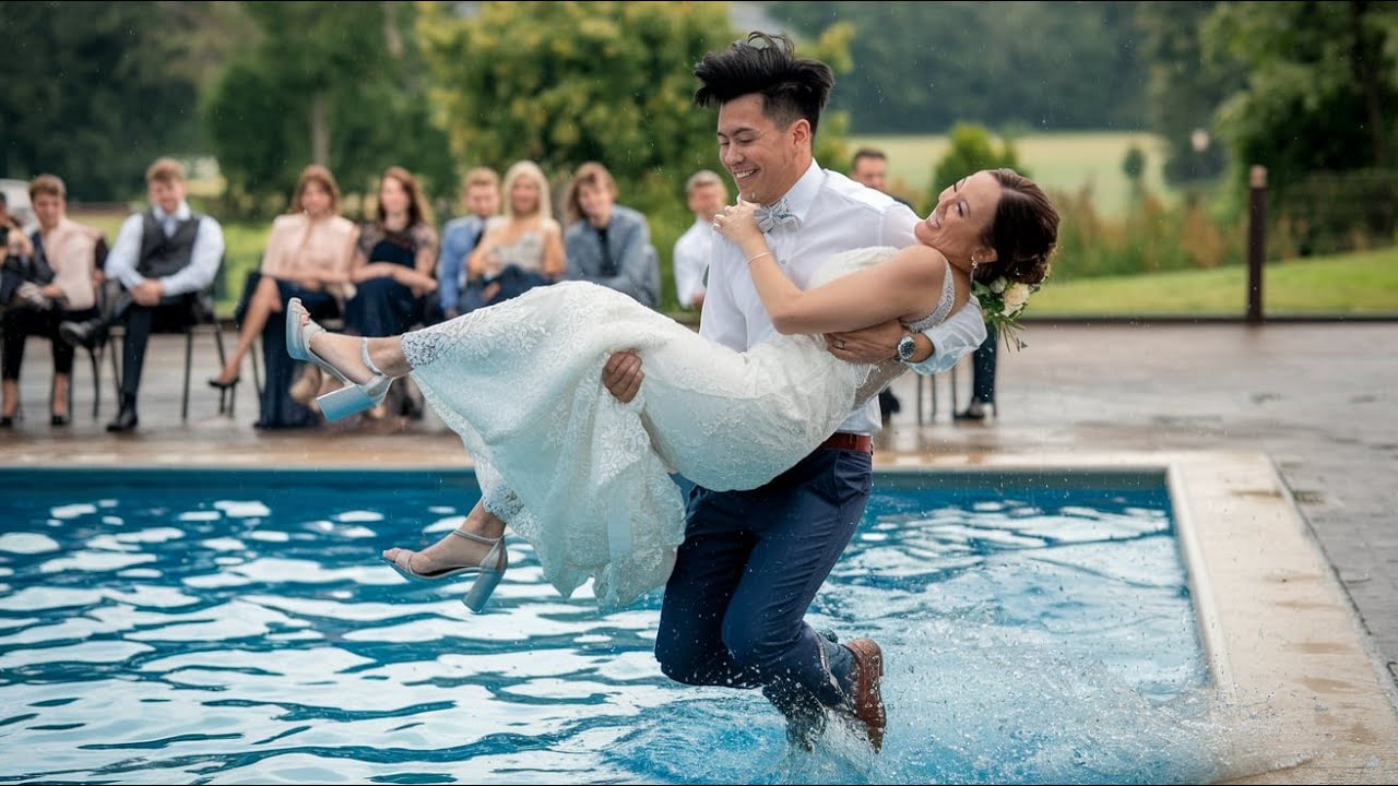 Carried into the pool wearing a wedding dress - YouTube