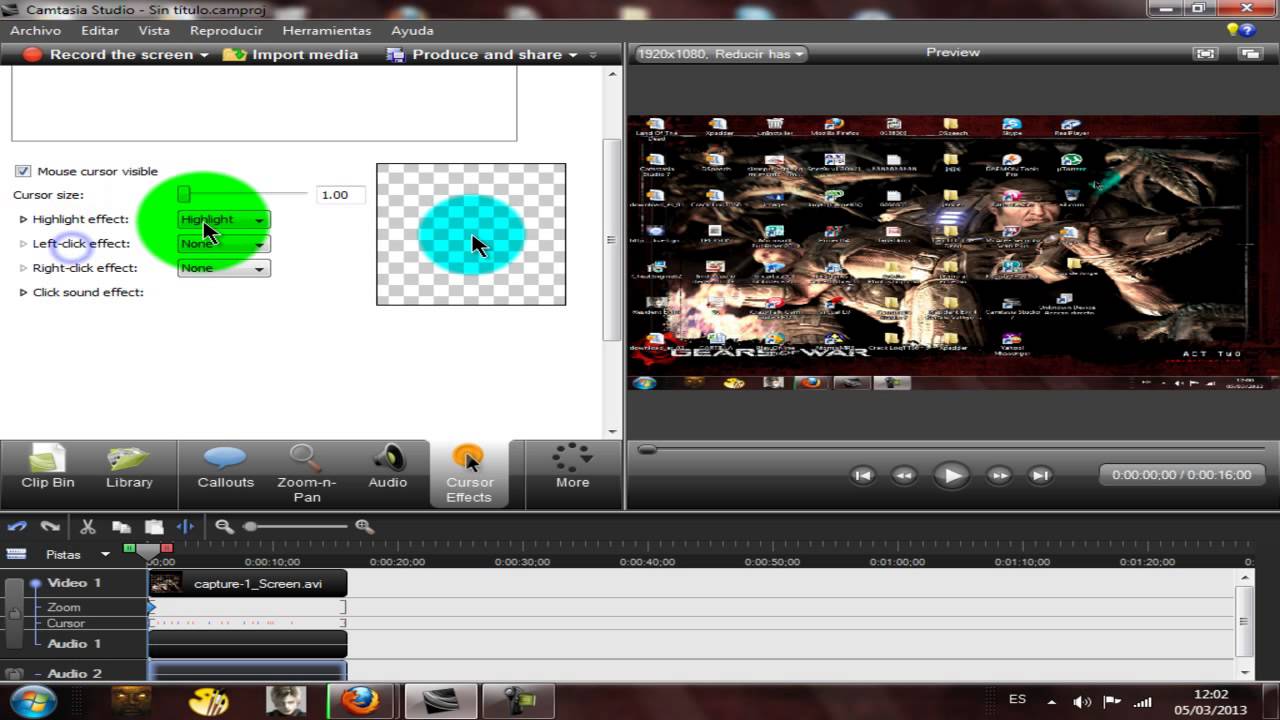 como ponerle efectos al cursor con camtasia studio 7 loquendo HD - YouTube