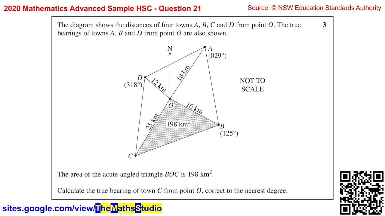 2020 Maths Advanced Sample HSC Q21 Find bearing of town given area of ...