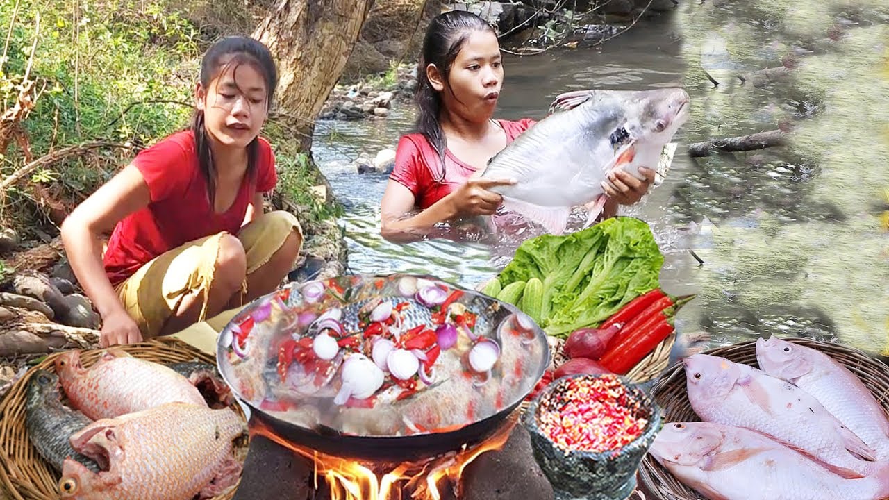 Catch fish in river and Pick Grapes fruit nature, Cooking fish spicy ...
