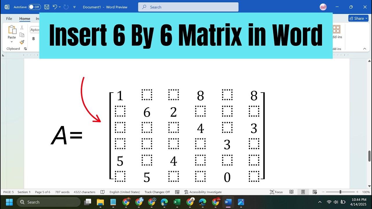 How to Insert 6 By 6 Matrix in MS Word - YouTube