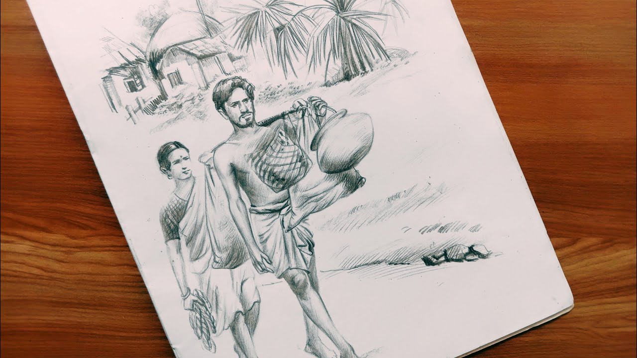 secnery drawing easy : secnery drawing with figure || sketch drawing ...
