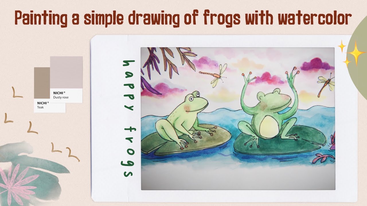 Painting a simple drawing of frogs with watercolor - YouTube