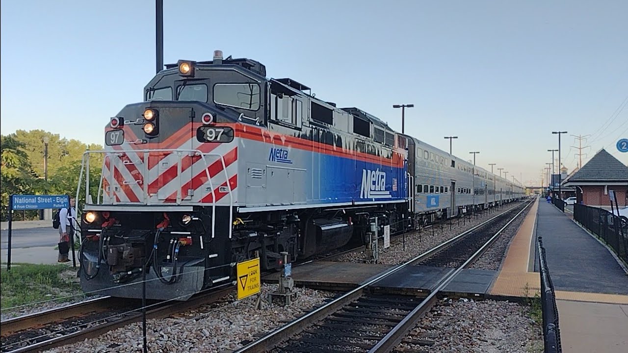 Metra F59PH-3 97 west departs National St. in Elgin, Illinois on ...