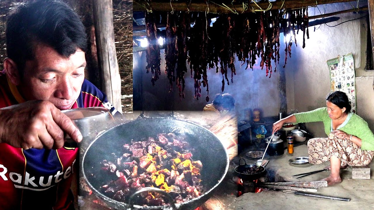 Enjoying Buff meat || cooking and Eating in the village || Natural ...