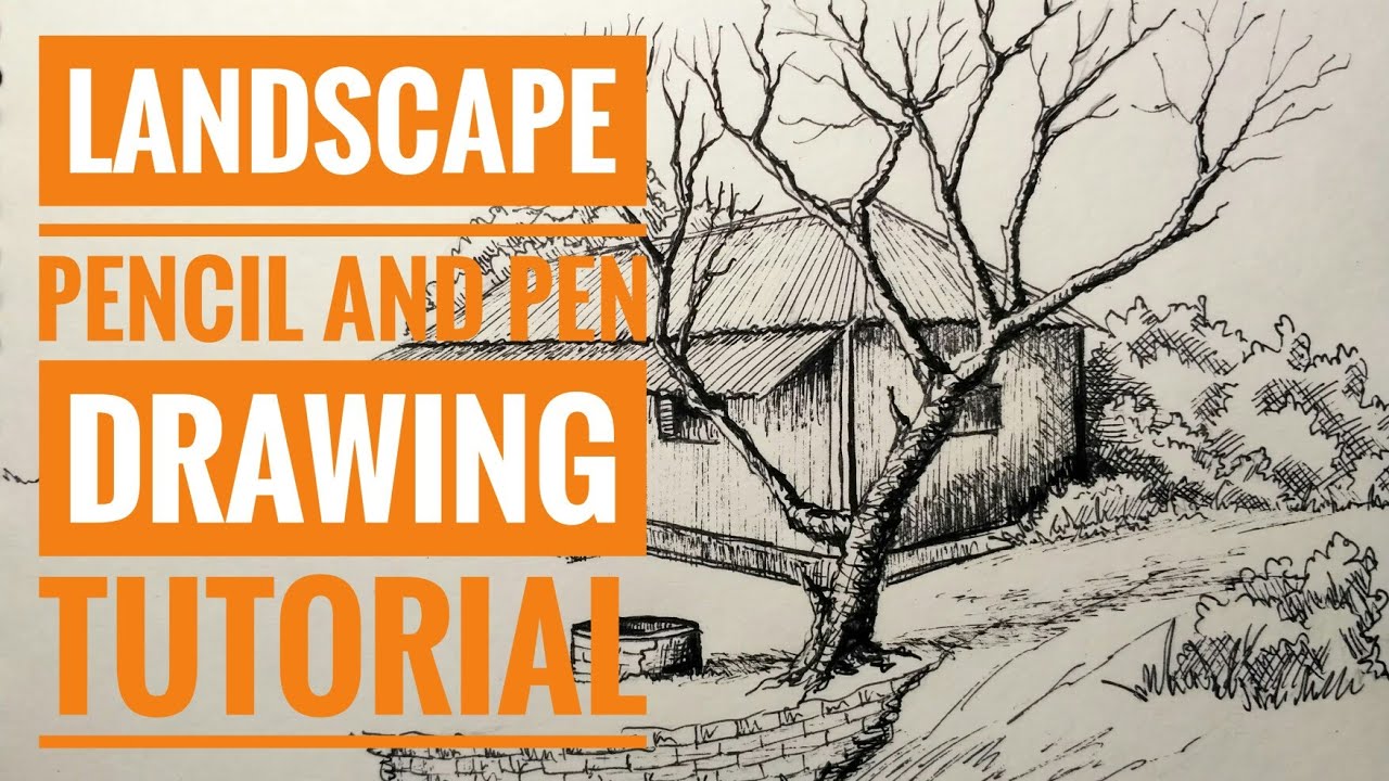 Rural Landscape pencil and pen drawing tutorial video for students ...