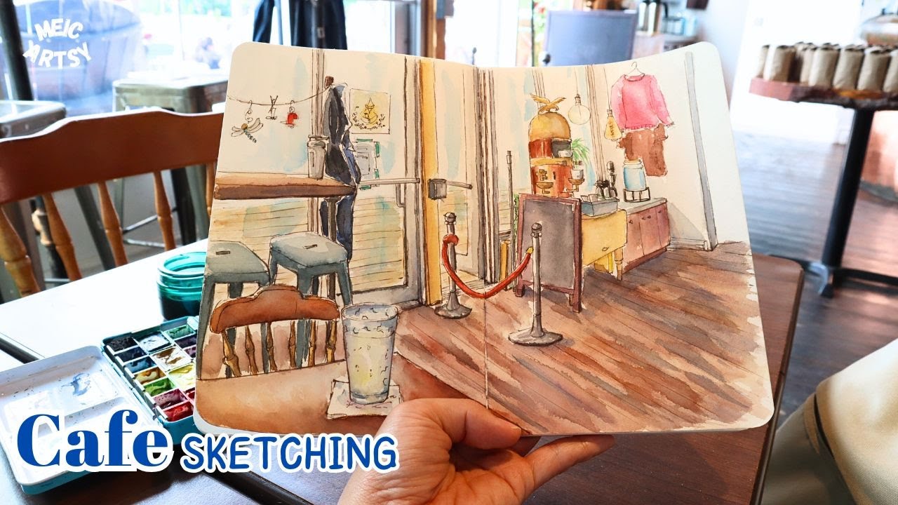 Cafe Sketching, How I Sketch the Entrance of a Cafe, Travel Sketch ...