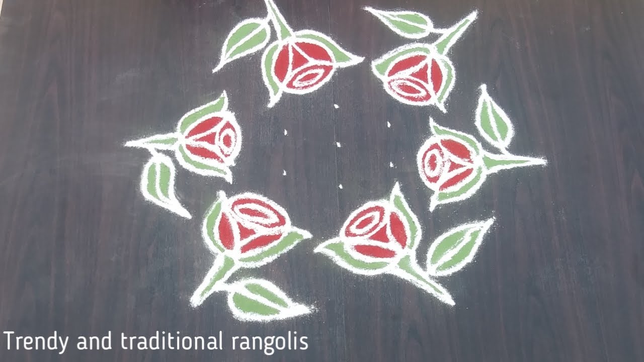 Simple rose flowers rangoli design with 5x3 dots #Daily rangoli kolam # ...
