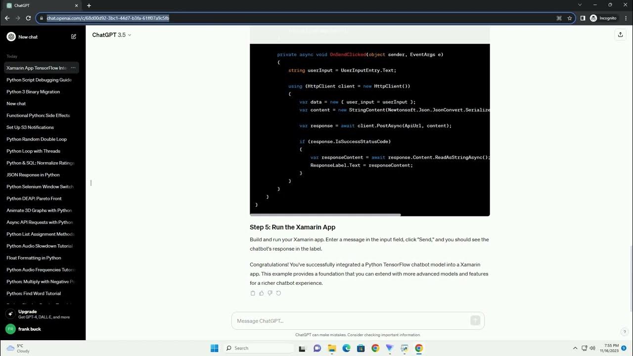 Integrating a python Tensorflow chatbot model into a Xamarin app - YouTube