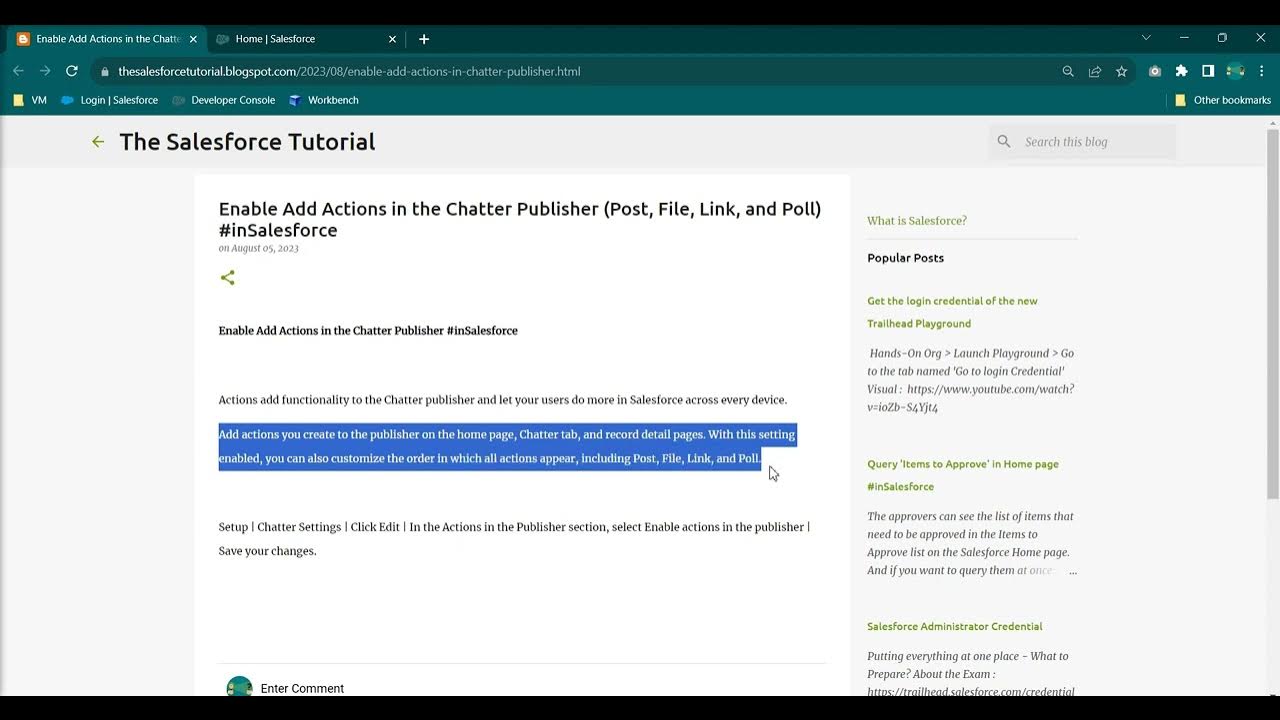 Enable Add Actions in the Chatter Publisher (Post, File, Link, and Poll) #inSalesforce - YouTube