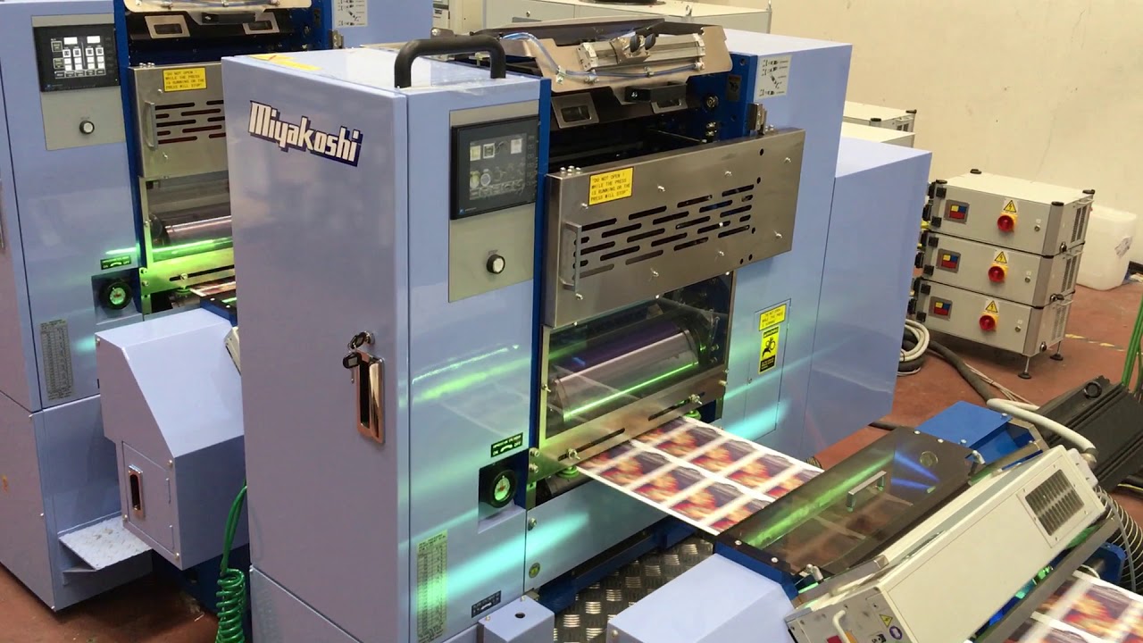 Miyakoshi MLP, semi-rotativa offset UV para impresión etiquetas - YouTube