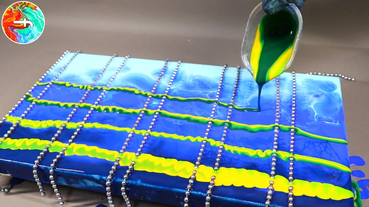 Chain pull painting - Acrylic pour painting green & blue - Two straight ...