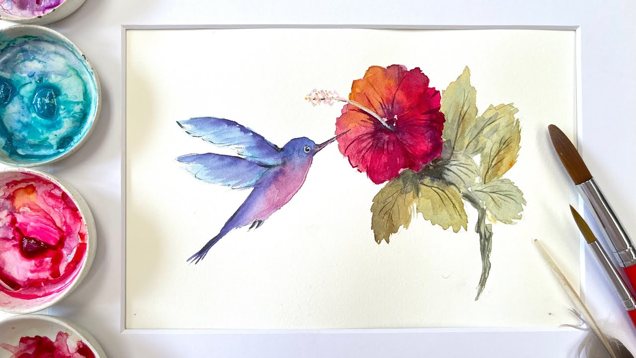 How to Paint a Hummingbird and Red Hibiscus Flower in Watercolor ...