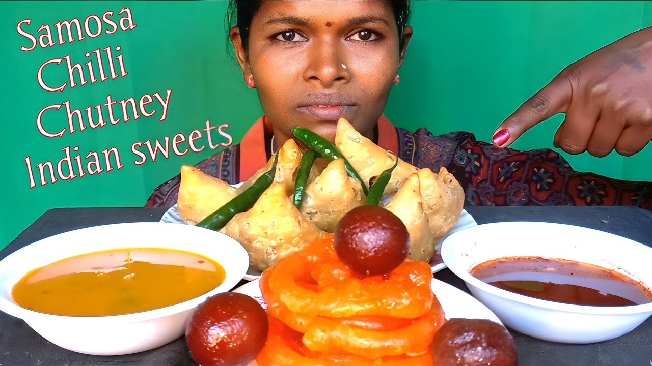Eating Samosa with Green chillies And Indian Sweet | Asmr eating ...