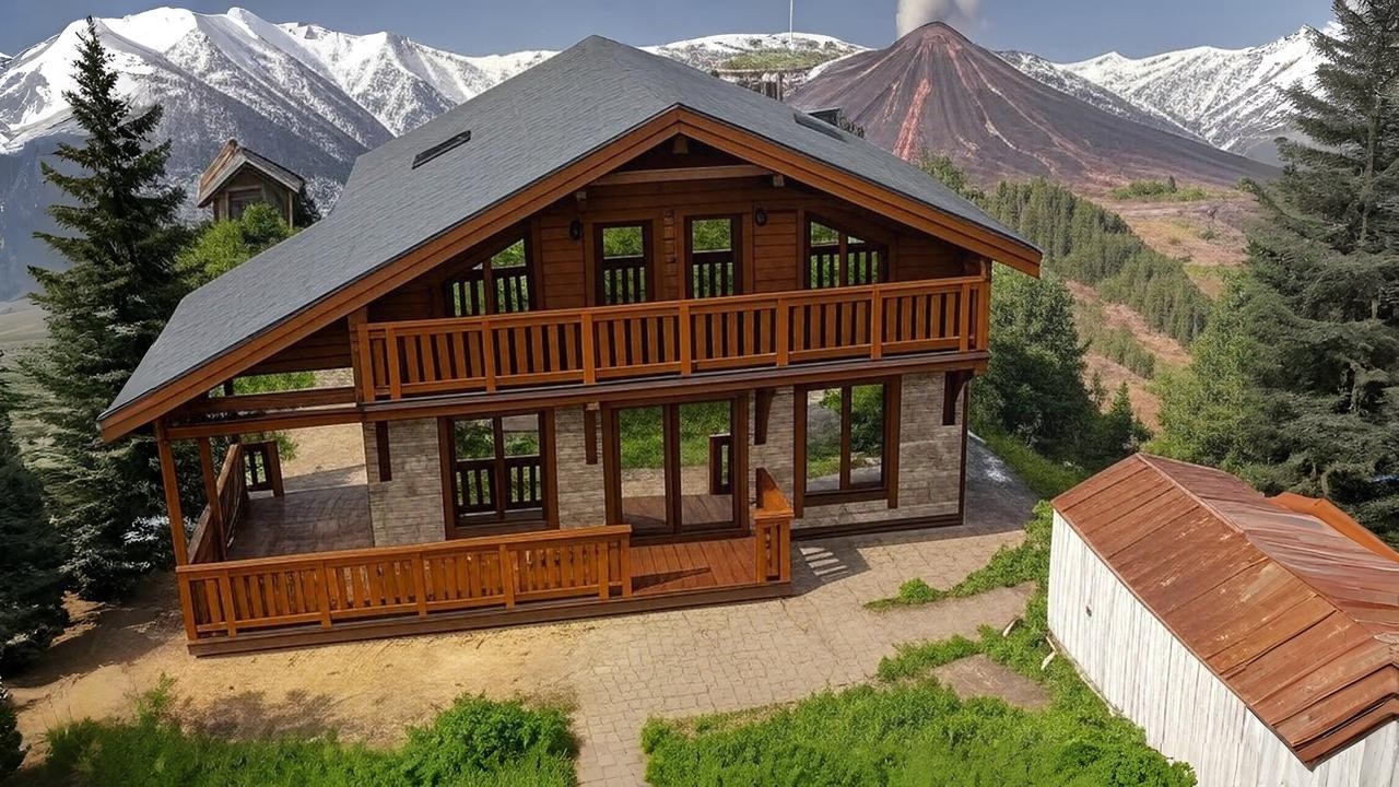 The Process of a Group of Men Building a Sturdy Modern Wooden House in ...