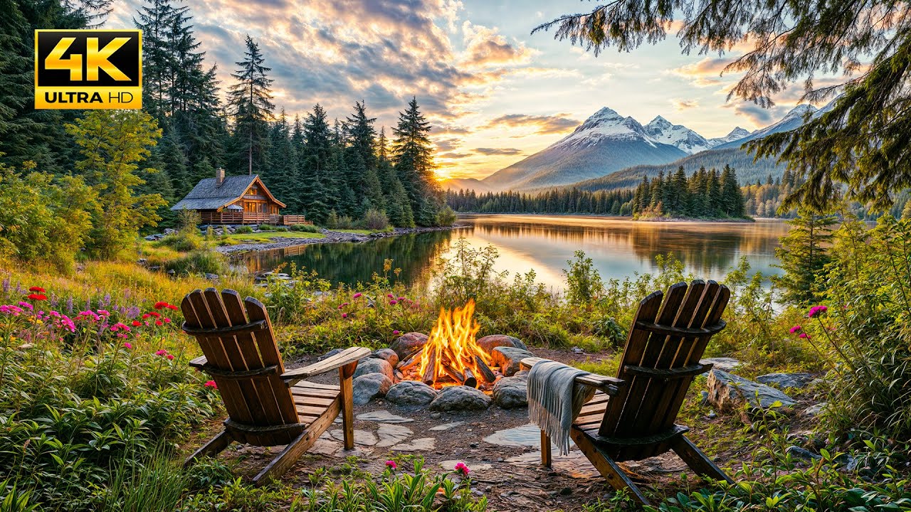 Cozy Springtime Vibes: Lakefront Relaxing Campfire & Natire Sounds for ...