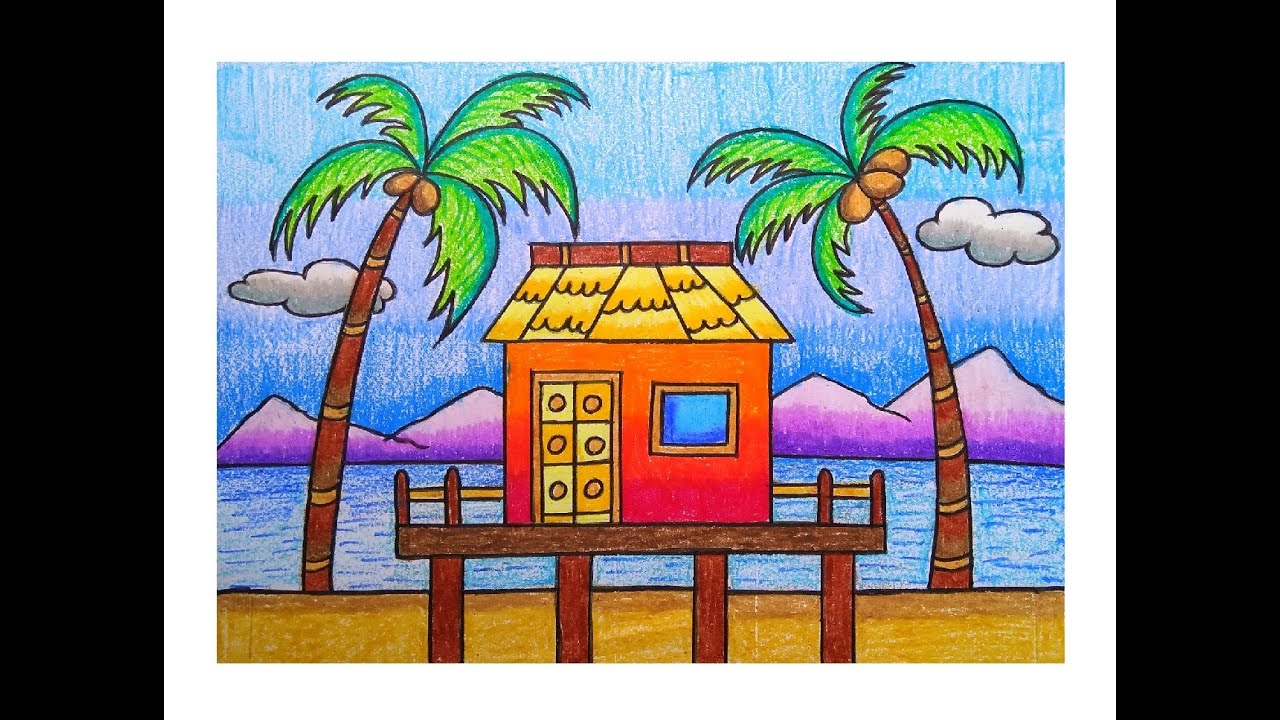 HOW TO DRAW BEACHSIDE HOUSE SCENERY DRAWING | BEACH SCENERY PAINTING BY ...
