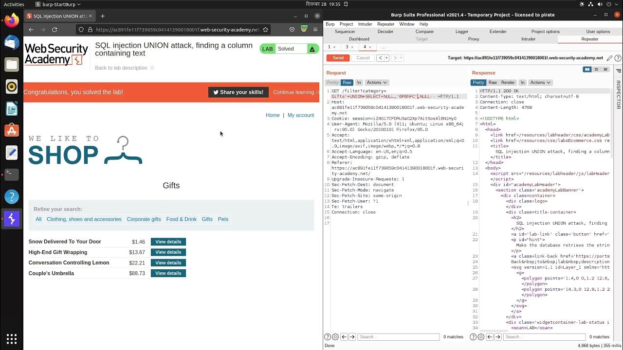 SQL injection UNION attack, finding a column containing text (Video Solution ) | 2021 - YouTube