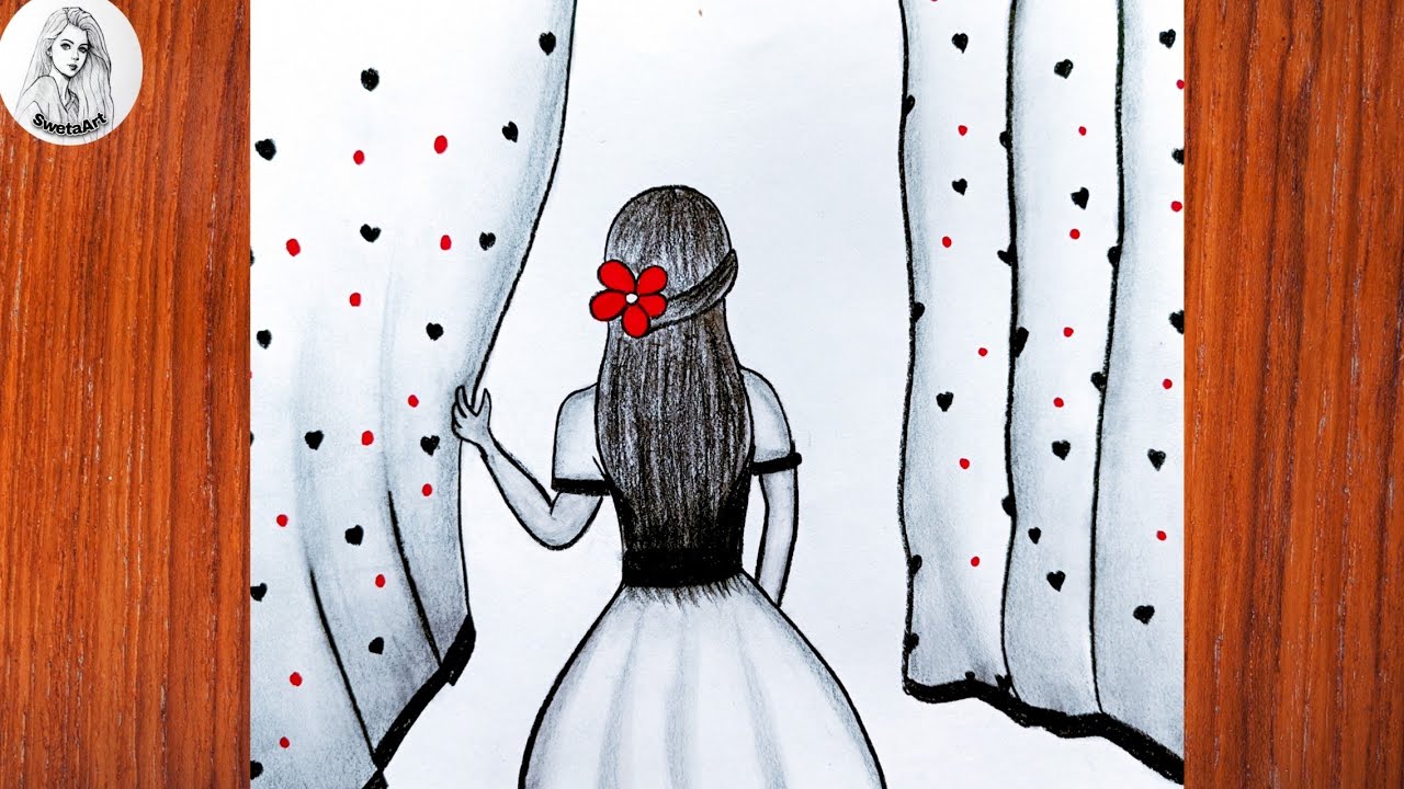 How to draw easy girl drawing|| beautiful girl standing near a window ...