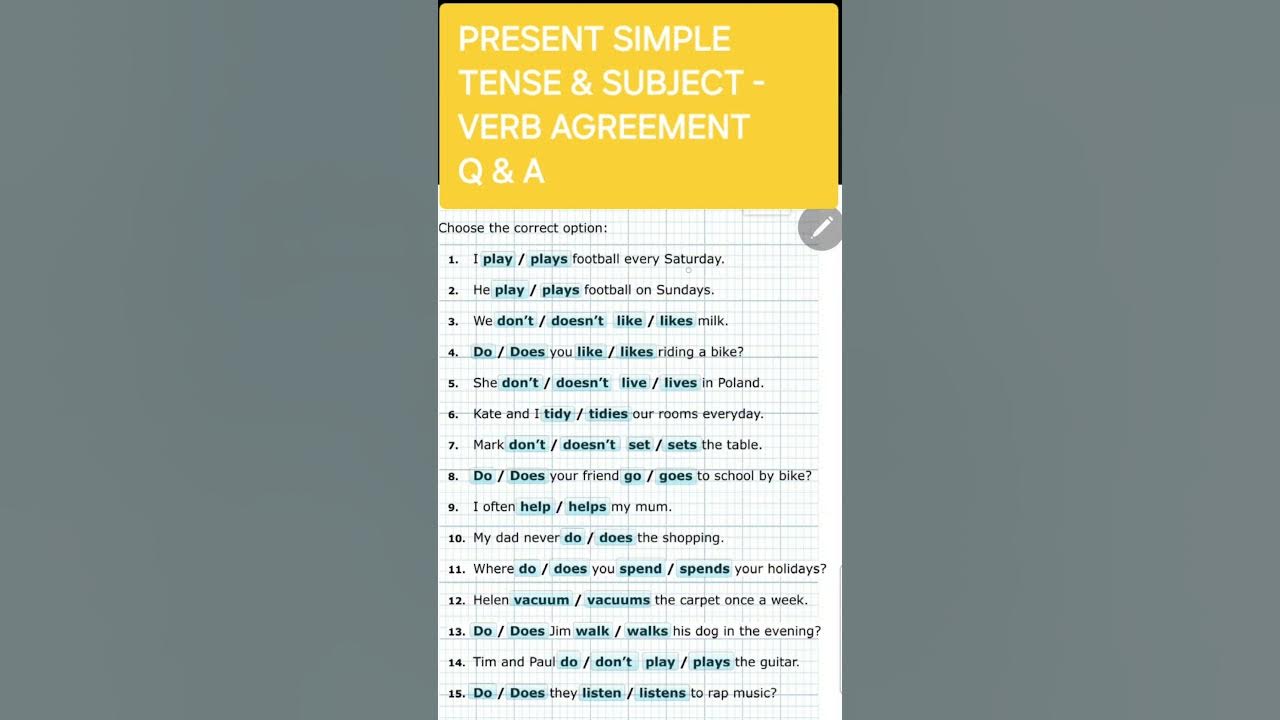 Simple Present Tense | Subject - Verb Agreement Questions & Answers ...