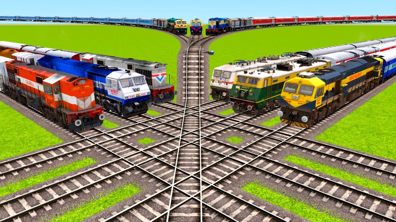 SIX DIAMOND RAILROAD TRACKS TRAINS VS THREE CRAZY FLYING RAILROAD ...