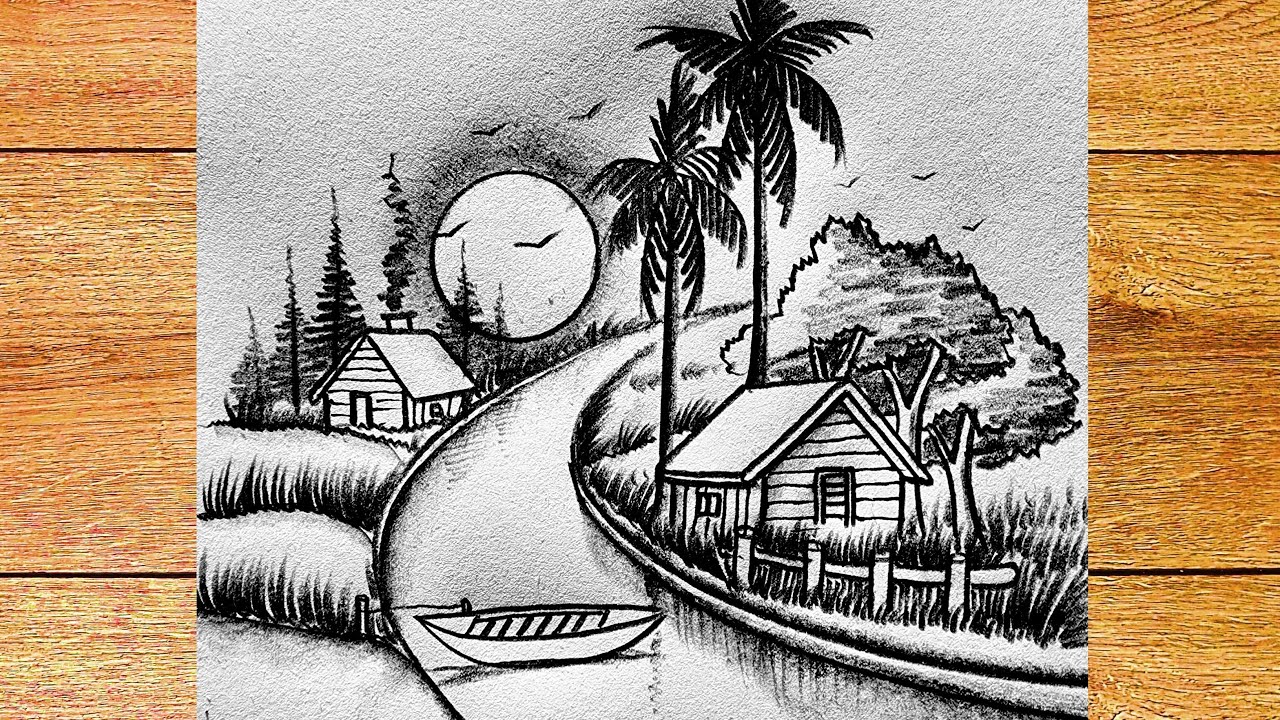 How to drawing beautiful lake | Learning lake drawing - YouTube