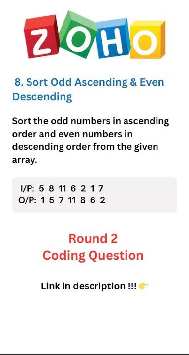 Zoho Round 2 | Odd Ascending, Even Descending 🔢⚖️ | Array Sorting Logic #coding #sortevenandodd ...
