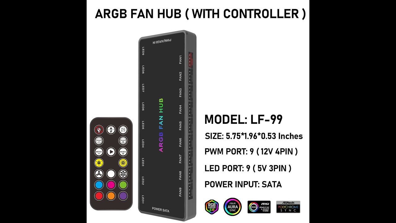 ARGB PWM Fan Hub, 9 ports 5V-3PIN ARGB 12V 4PIN PWM Fan Hub with ...