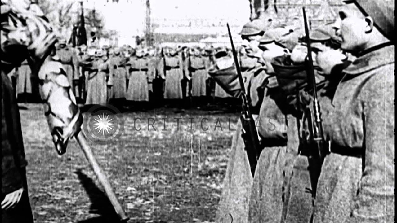 Bolshevik leader Leon Trotsky presents flags to Bolshevik Legion and ...