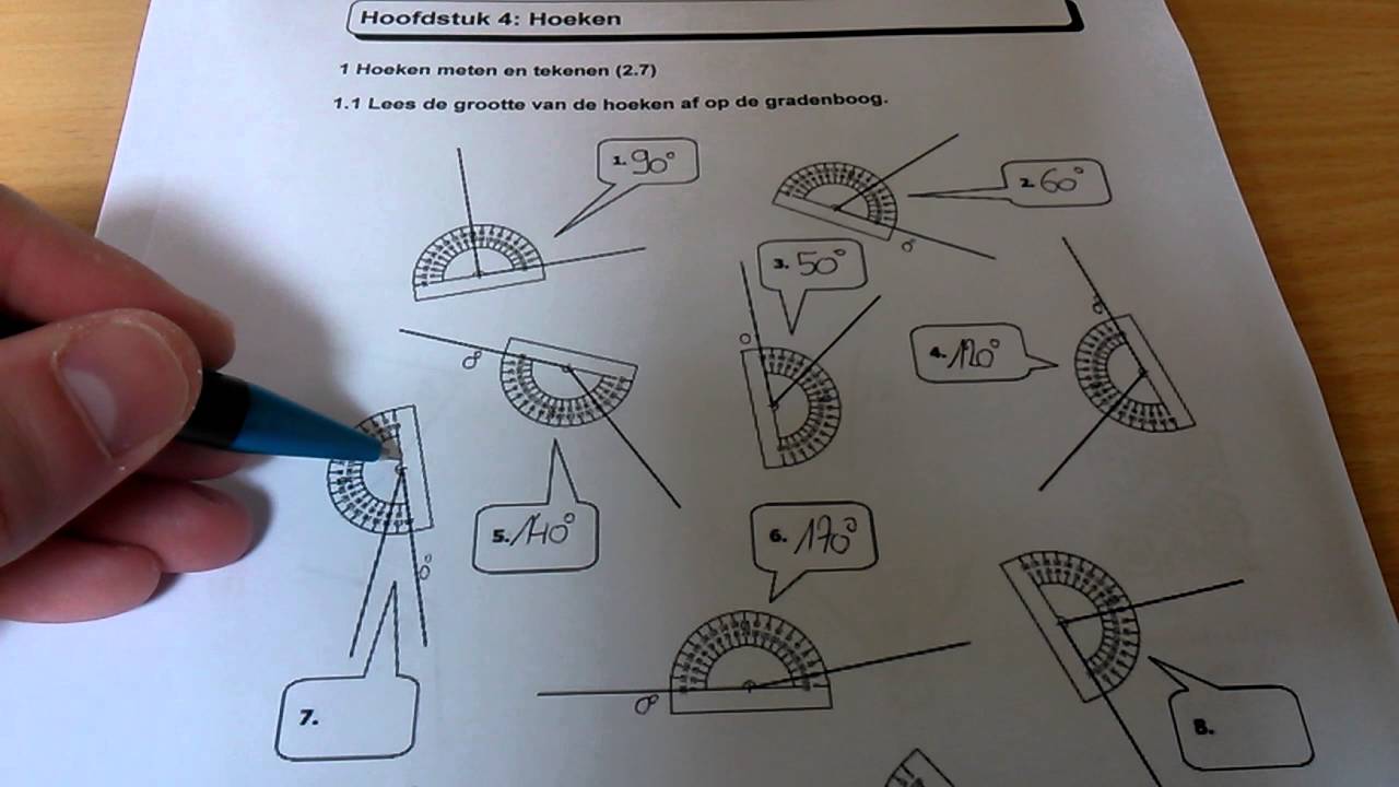 Grootte van de hoeken aflezen op een gradenboog - YouTube